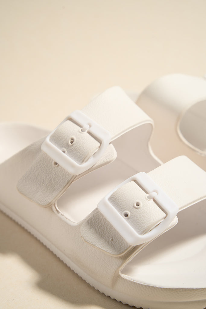 Shop Cool White Double Buckle Slides | Flo & Frankie