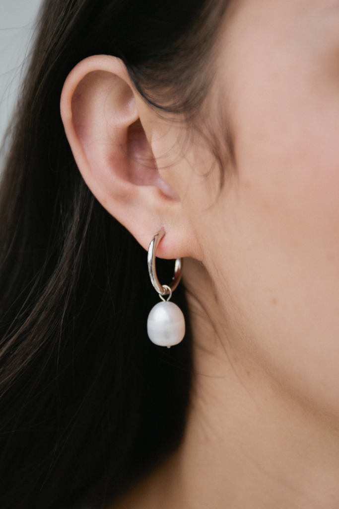 Shop Pearl Silver EOL Hoop Huggies | Flo & Frankie